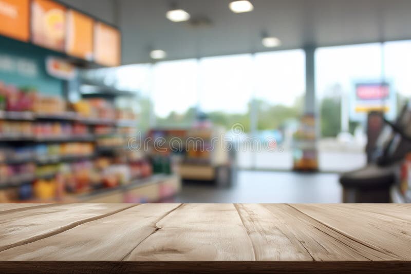 Empty Wooden Tabletop in a Blurred Retail Store Stock Illustration ...
