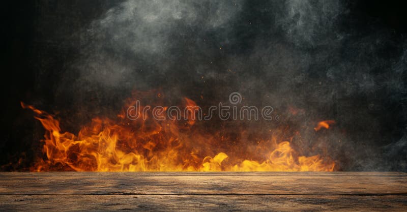 Empty Wooden Tabletop Burning with Bright Flames and Smoke Stock Image ...