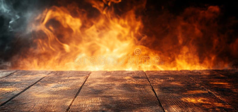 Empty Wooden Tabletop Burning with Intense Flames and Smoke Stock Image ...