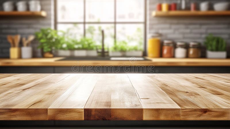 Empty Wooden Tabletop for Product Display with Blurred Kitchen ...