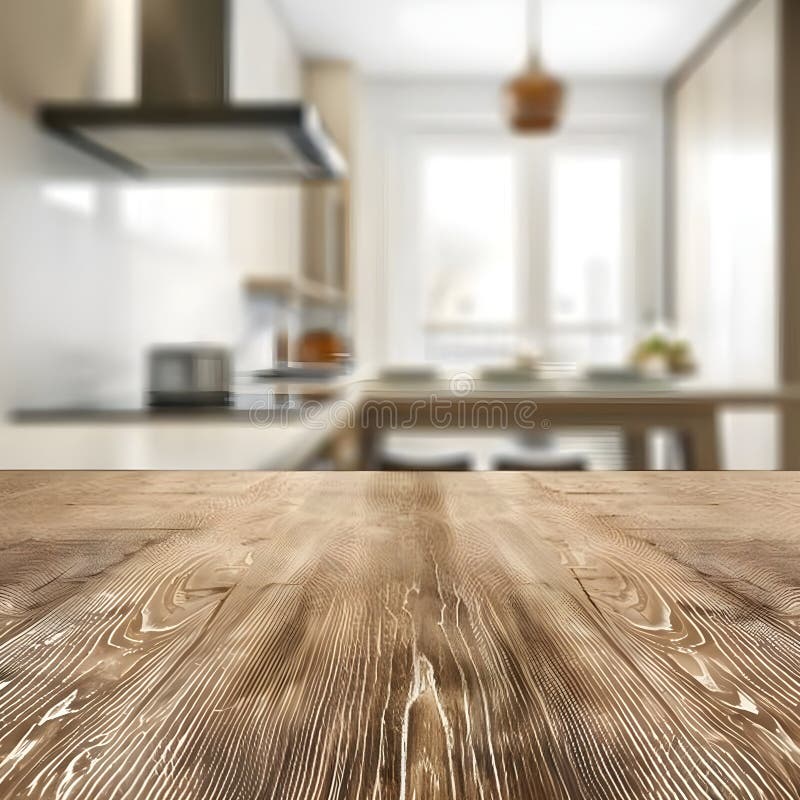 Empty Wooden Tabletop Showing Blurred Modern Kitchen Interior Stock ...