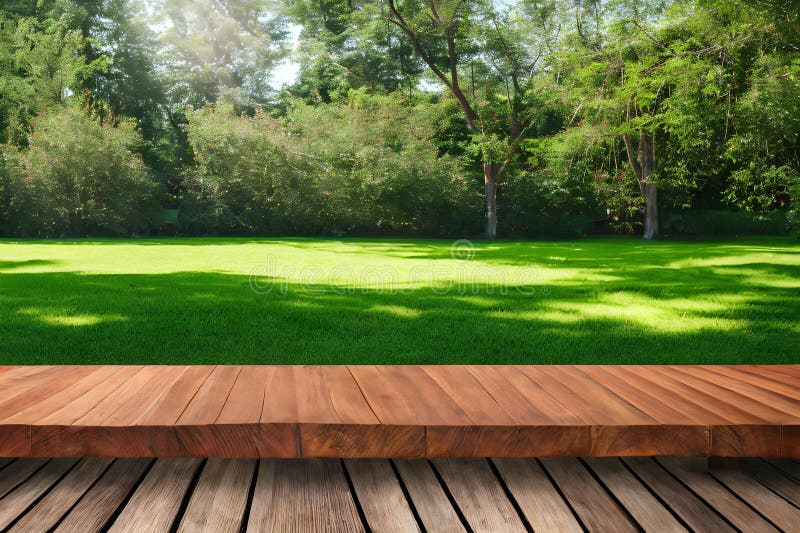Empty Wooden Tabletop and View Garden Background Stock Illustration ...