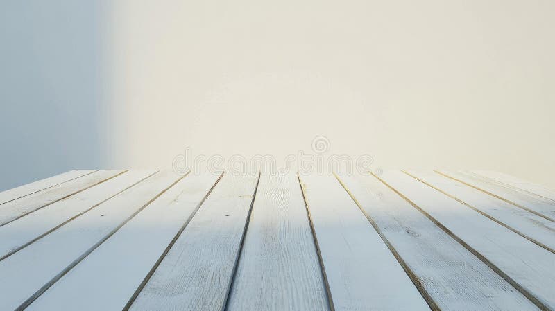Empty Wooden White Table, White Wall Background Stock Illustration ...