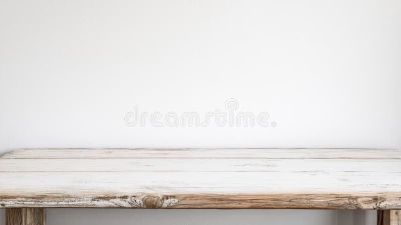 Empty Wooden White Table, White Wall Background Stock Illustration ...