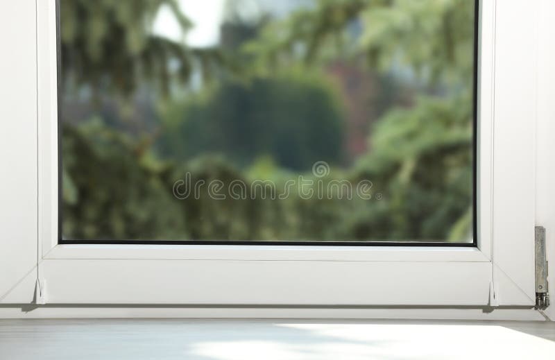 Empty Wooden Window Sill and Spruce Trees Outside Stock Photo - Image ...