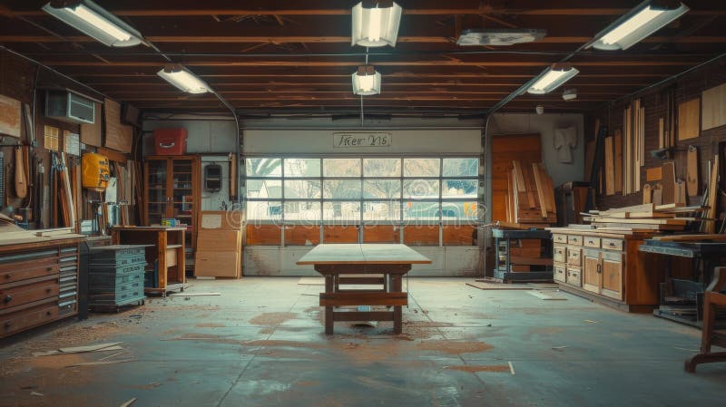 Empty Woodshop Interior with Tools, Workbench, and Equipment Stock ...
