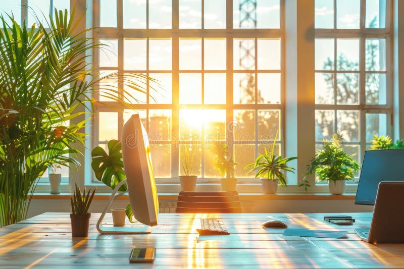 Empty Work Office with Desk and Computer, Large Window with Bright ...