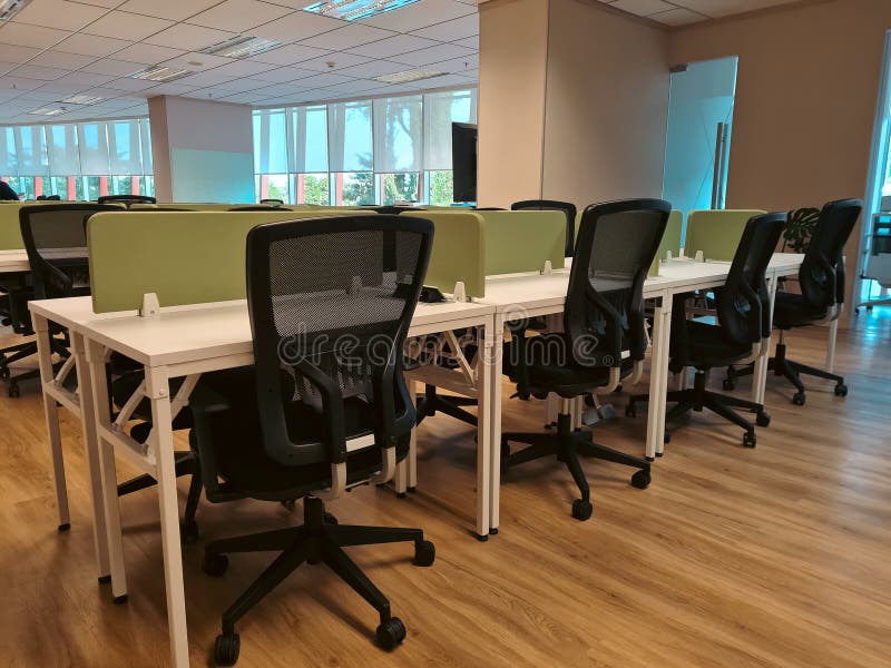 Empty Workplace at Modern Office with Small Green Cubicle Separating ...