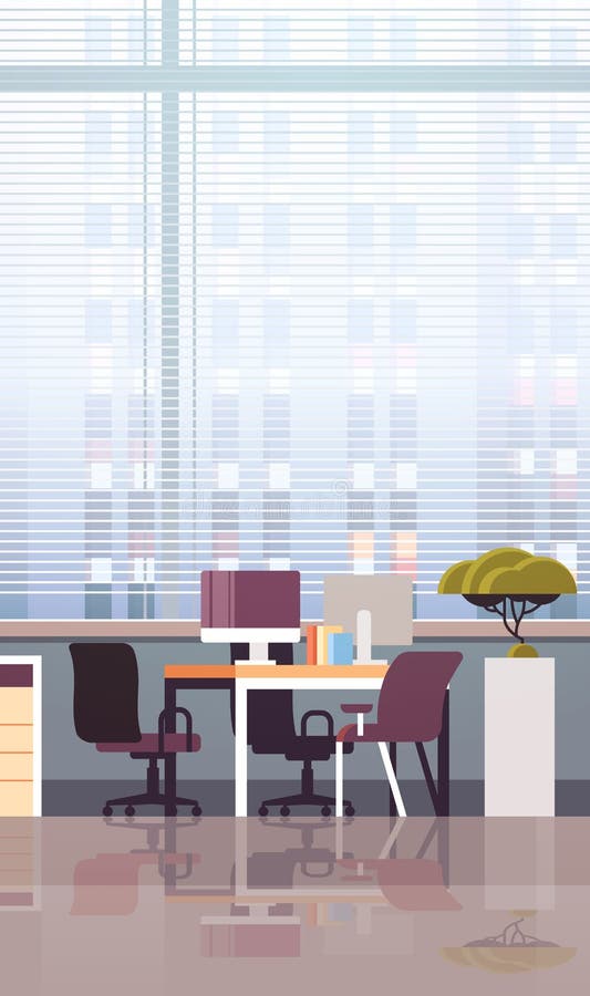 Empty Workplace Office Desk with Desktop Computer Modern Cabinet ...