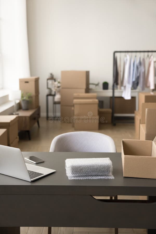 Empty Workplace with Wrapped Product, Cardboard Container, Desktop ...