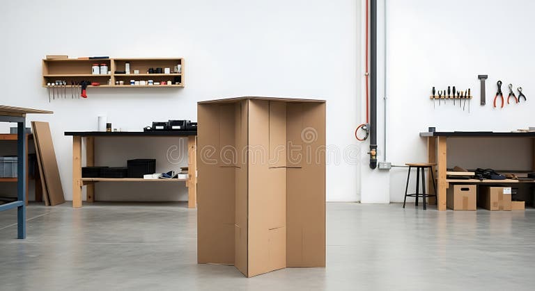 Empty Workshop with Cardboard Box and Tools in Modern Industrial Space ...