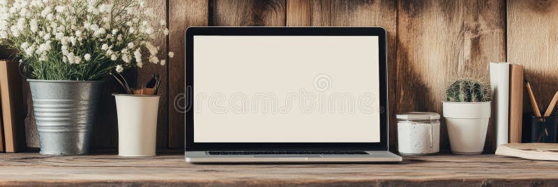 Empty Workspace Featuring a Laptop on a Rustic Wooden Desk with Plants ...