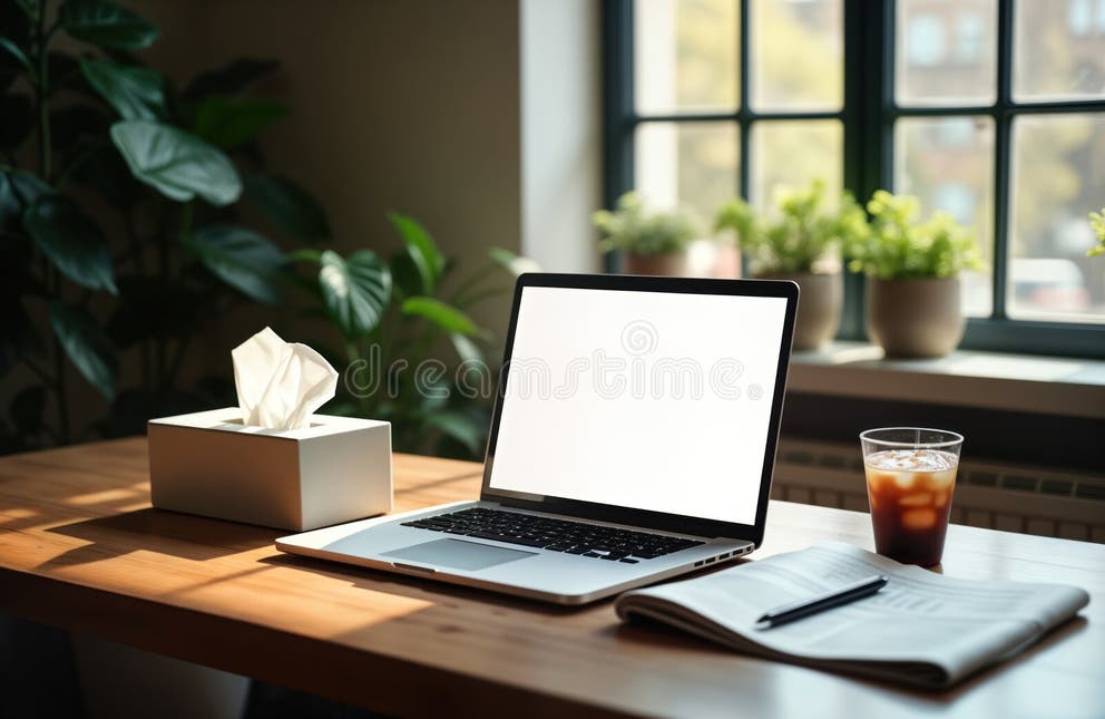 Empty Workspace with Laptop on Wooden Table in Co-working Space. Blank ...
