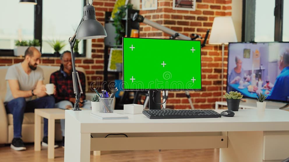 Empty Workspace Table with Greenscreen Display on Computer Stock Photo ...