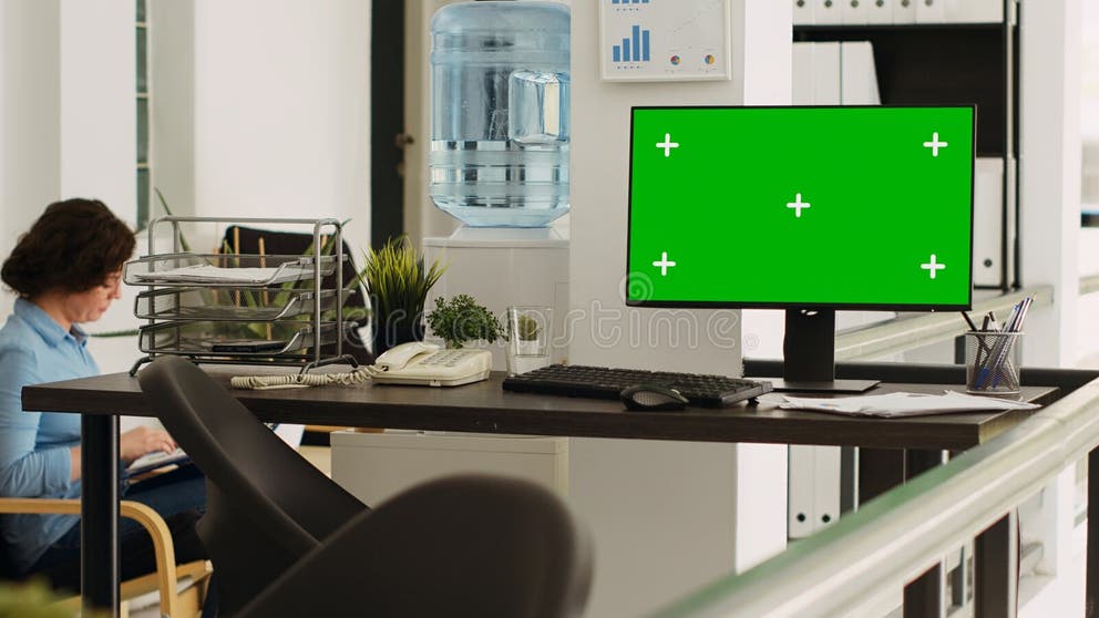 Empty Workstation with Greenscreen Stock Photo - Image of working, work ...