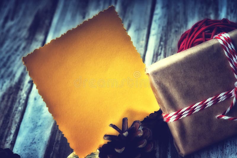 Empty Yellow Greeting Card and Christmas Gift Box Stock Photo - Image ...