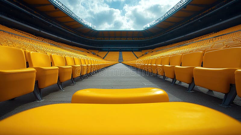Empty Yellow Stadium Seats Leading To the Field, Under a Partly Cloudy ...