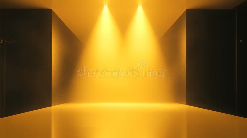 Empty Yellow Stage with Vibrant Spotlight Beams Illuminating a Blank ...