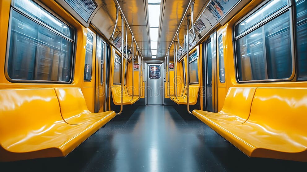 The Empty Yellow Subway Train Interior with Empty Seats and Windows ...