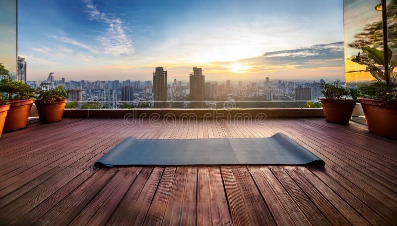 Empty Yoga Mat on the Terrace with View of the City. Generative AI ...