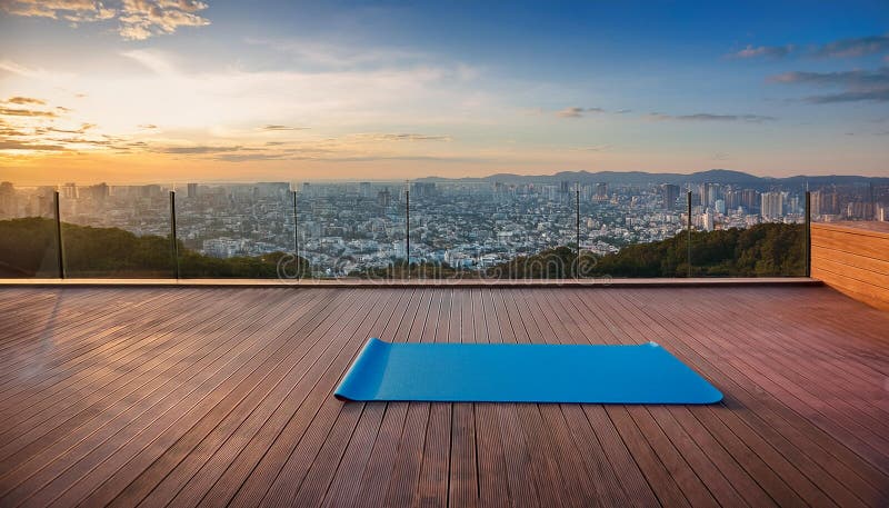 Empty Yoga Mat on the Terrace with View of the City. Generative AI ...