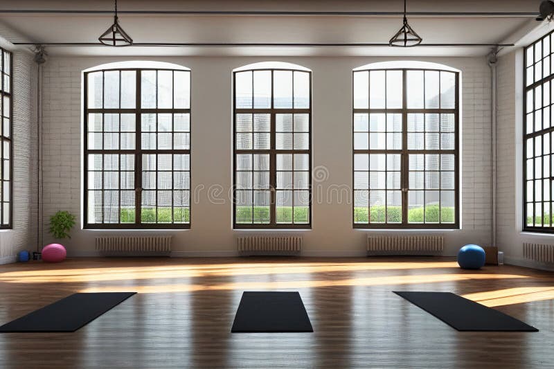 Empty Yoga Studio Room Interior with Tall Windows with Mats on Hard ...