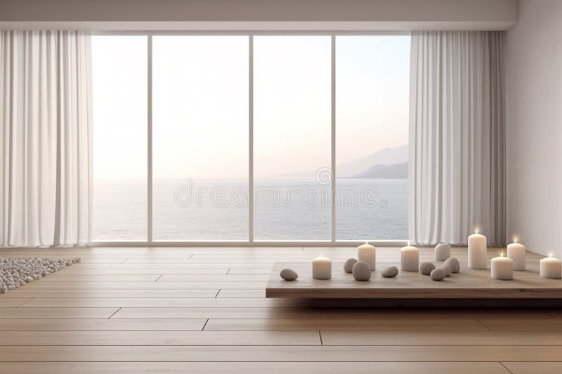 Empty Zen Room or Yoga Studio with Panoramic Windows and Burning ...