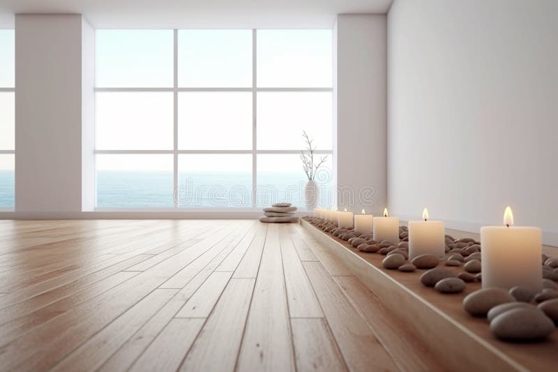 Empty Zen Room or Yoga Studio with Panoramic Windows and Burning ...