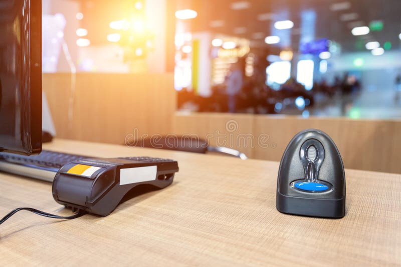 Emty Cashier Desk Counter POS Terminal with Barcode Scanner, Receipt ... Emty Cashier Desk Counter POS Terminal with Barcode Scanner, Receipt ...