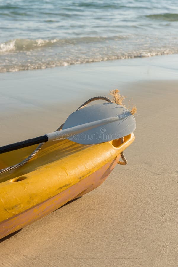 The Emty Yellow Kayak on the Beach. Stock Image - Image of leisure ...