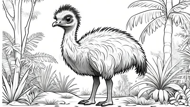 Emu Bird in Jungle Illustration Coloring Book Stock Illustration ...