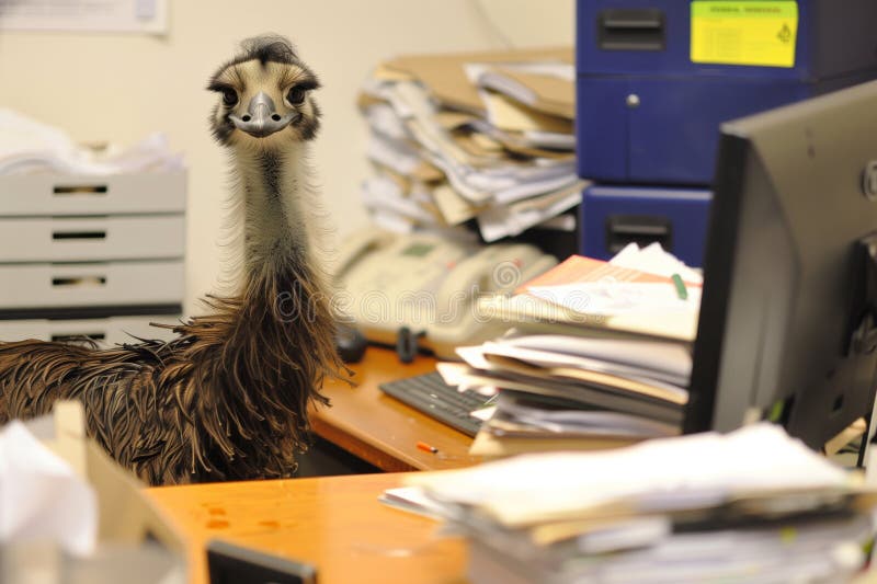 Emu at Desk with Computer, Piles of Paper Around Stock Photo - Image of ...