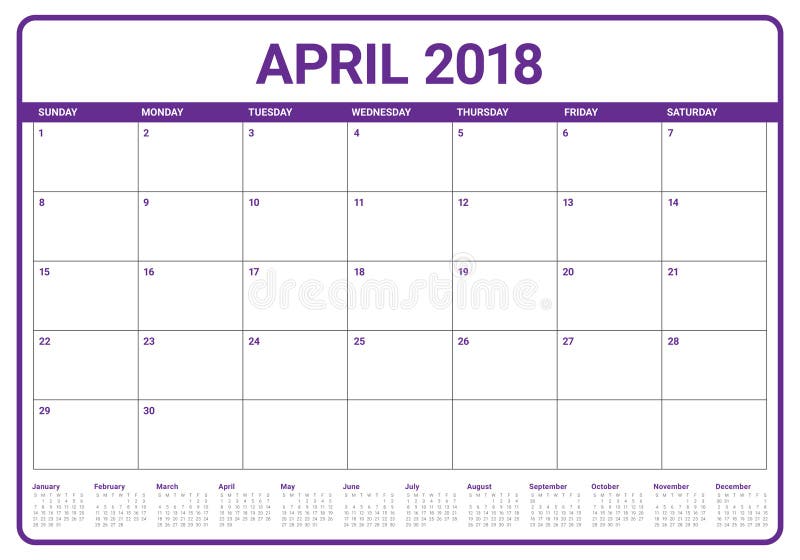 En Abril De 2018 Ejemplo Del Vector Del Planificador Del Calendario ...