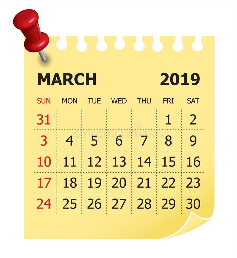 En Marzo De 2019 Ejemplo Mensual Del Vector Del Calendario Ilustración ...