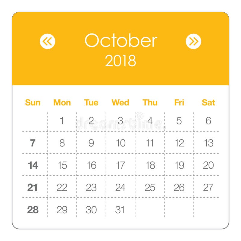 En Octubre De 2018 Ejemplo Del Vector Del Calendario Ilustración del ...