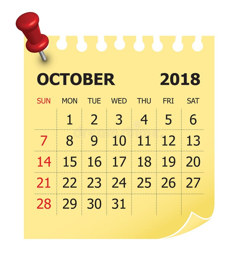 En Octubre De 2018 Ejemplo Del Vector Del Calendario Ilustración del ...