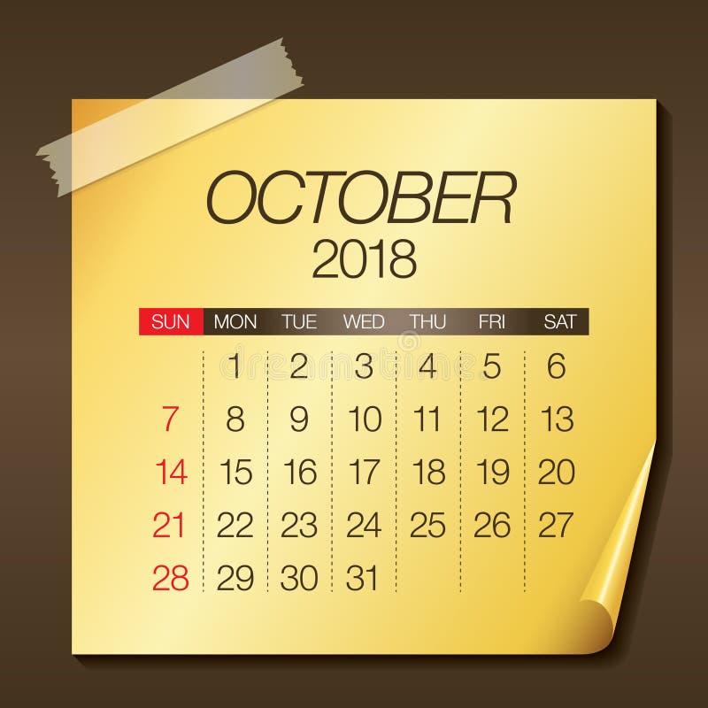 En Octubre De 2018 Ejemplo Del Vector Del Calendario Ilustración del ...