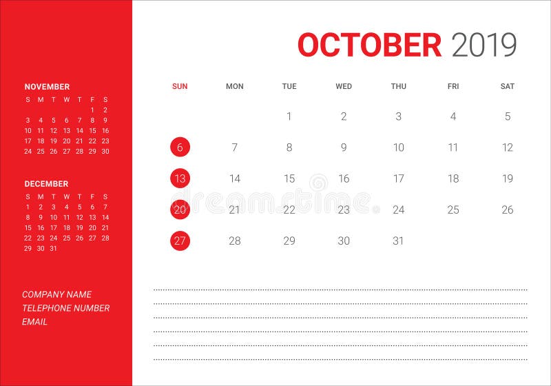 En Octubre De 2019 Ejemplo Del Vector Del Calendario De Escritorio ...