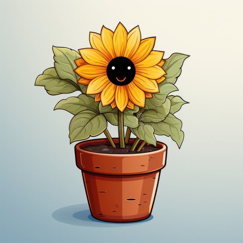 En Tecknad Solros I En Blomkruka. Stock Illustrationer - Illustration ...