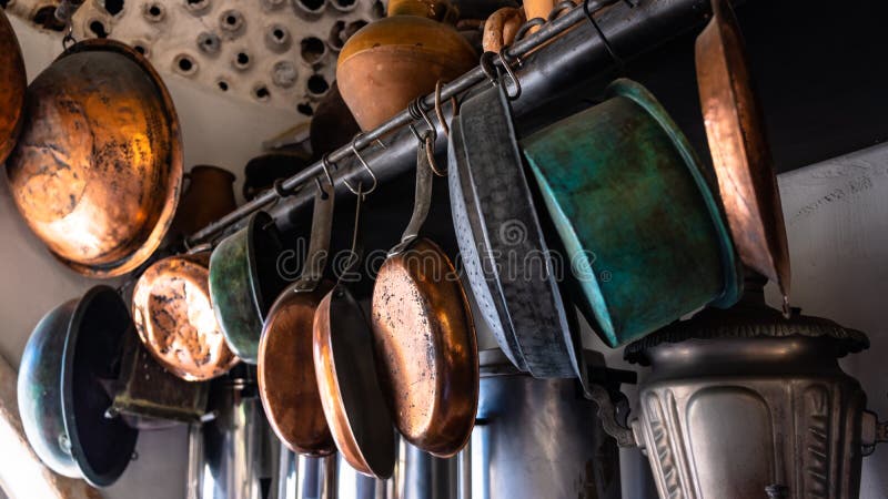 Enamel and Brass Kitchen Utensils Set Stock Photo - Image of ...