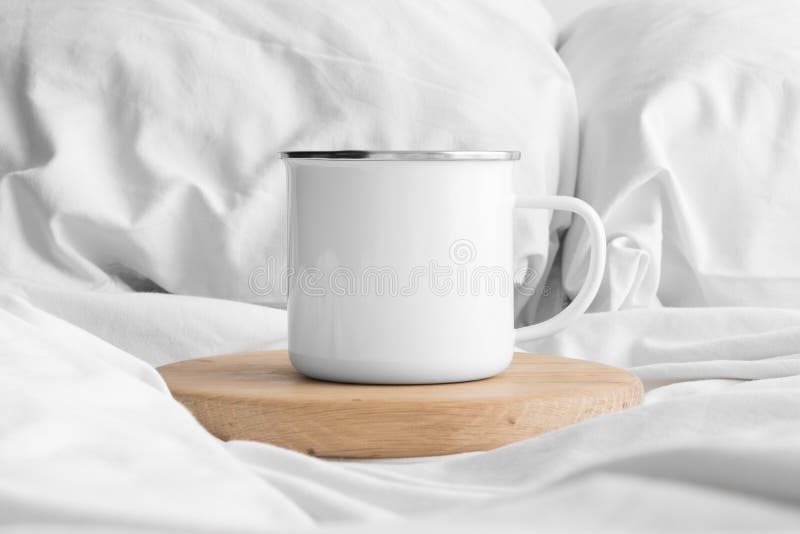 Enamel Mug Mockup on the Bed Stock Image - Image of scandinavian ...