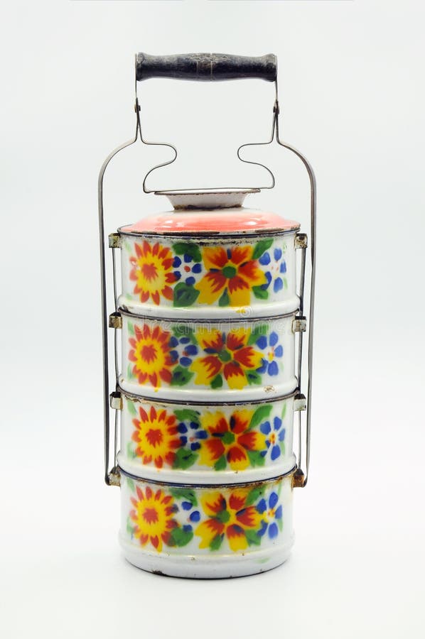 Enamel Tiffin Carrier with Flower Pattern on White Background Stock ...
