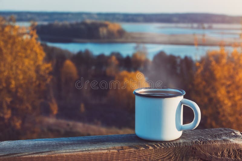Cup of Coffee or Tea on Autumn Landscape Outdoors Stock Image - Image ...