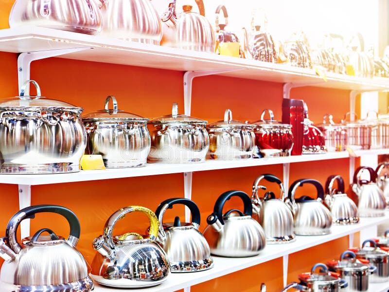Enameled Kitchen Stock Pots and Teapots in Store Stock Image - Image of ...