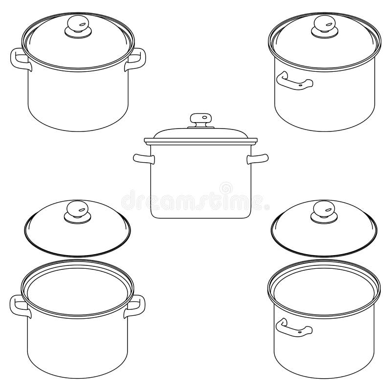 Enameled Pot with Lid, Open and Closed, Black and White Contour Vector ...