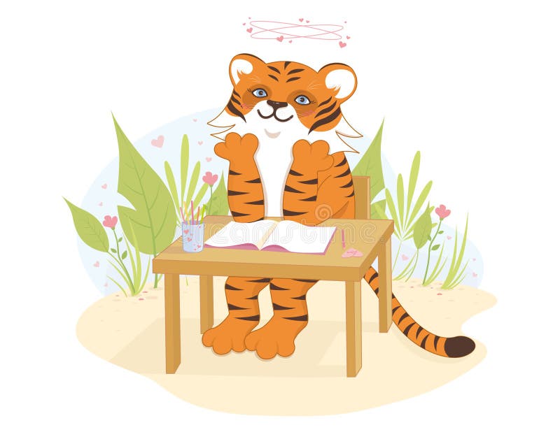 An Enamored Tiger Sits at the Table. Vector Illustration. Stock Vector ...
