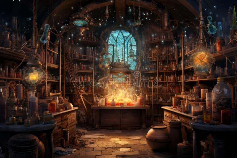 Enchanted Alchemist& X27;s Study Room at Night Stock Illustration ...