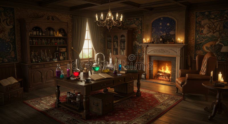 Enchanted Alchemy Room Interior with Fireplace and Potions Stock ...
