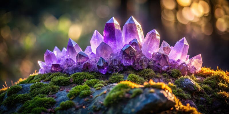 Enchanted Amethyst Geode Cluster on Mossy Rock in Soft Sunlight. Generative AI Stock ...