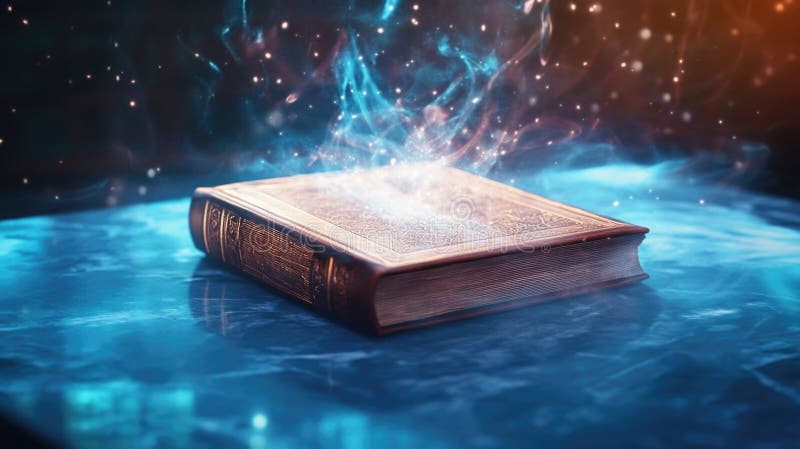 Enchanted Ancient Book Emitting Mystical Blue Light and Particles on ...